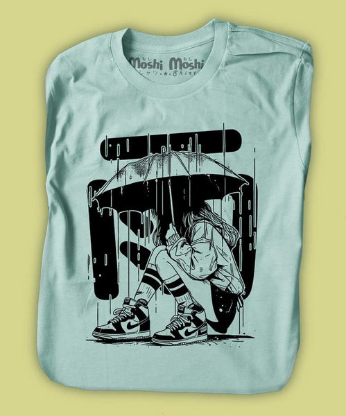 Japanese Anime Girl Shirt Kawaii Squat Rain Sad – Moshi Moshi Shirts